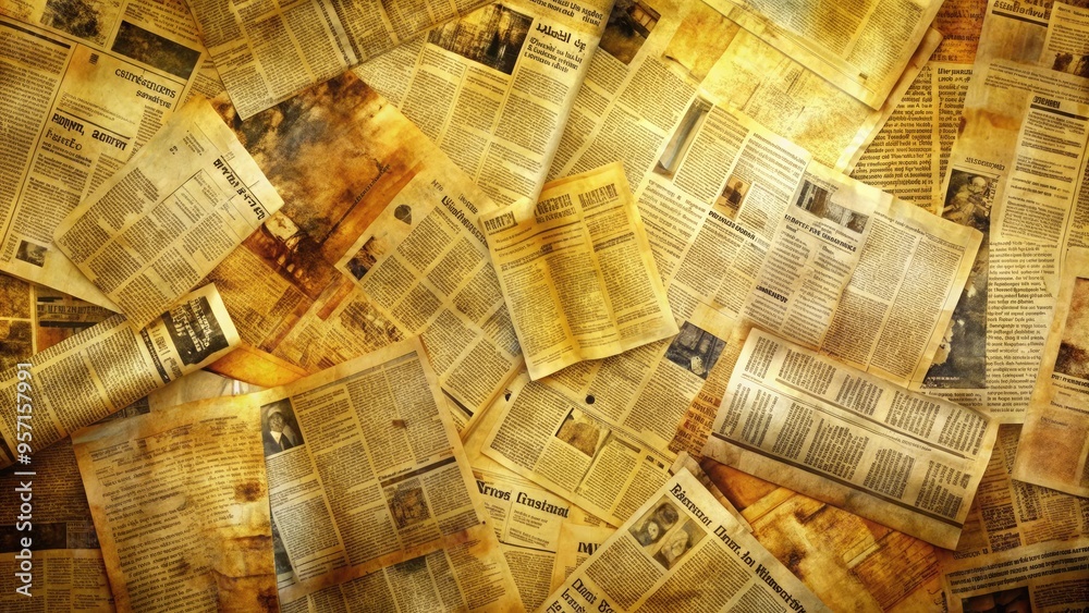 Worn, yellowed newspaper pages with faded headlines and typography ...