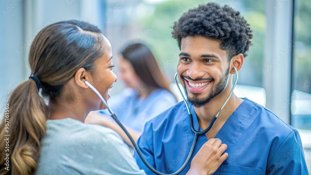 Young adult male student in scrubs and stethoscope takes patient's ...