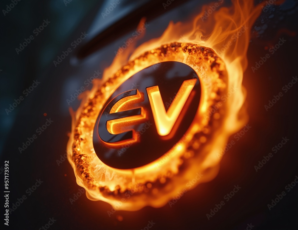 EV battery on fire and burning, electric vehicle logo lithium ion. hard ...