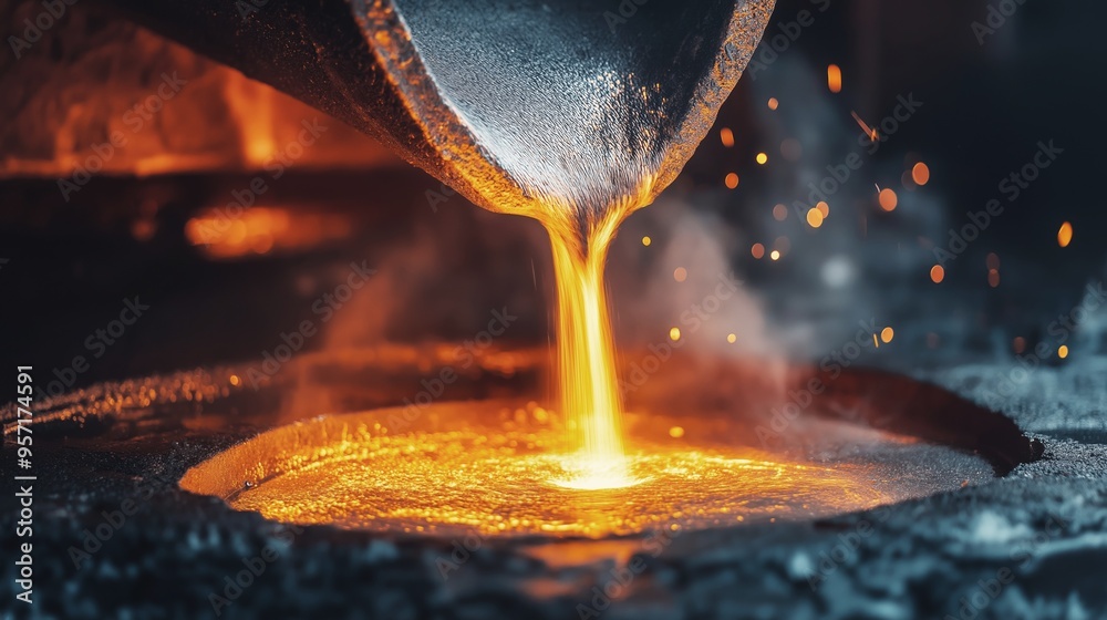 Molten metal being poured from a ladle into a crucible with flying ...