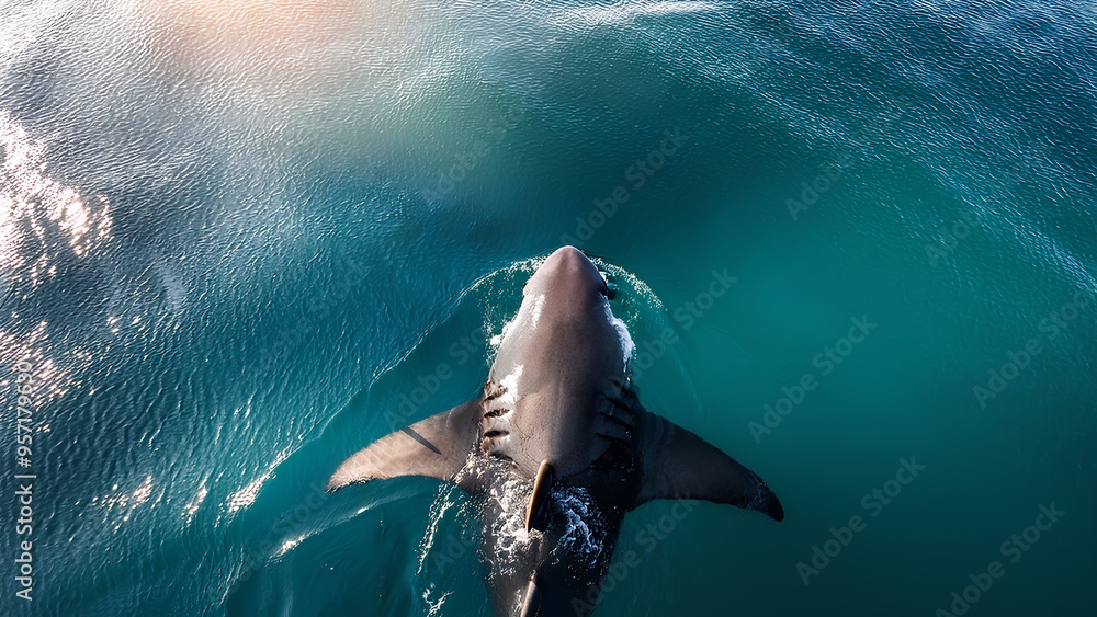 Shark hunts in the open sea. Predatory shark swims in water, top view ...