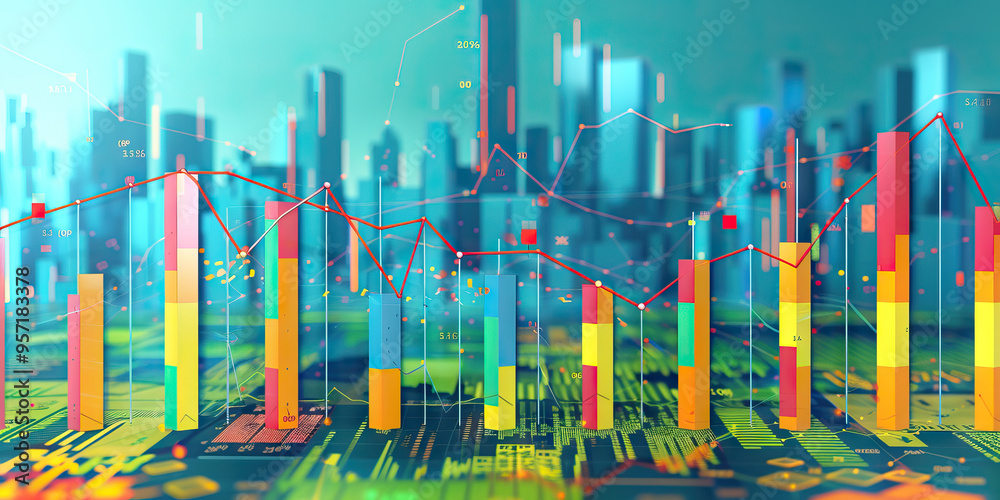 A bar graph with colored bars showing employment rates, inflation, and ...