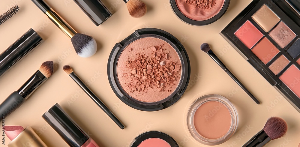 A flat lay of various makeup products, including blushers, eye shadows ...
