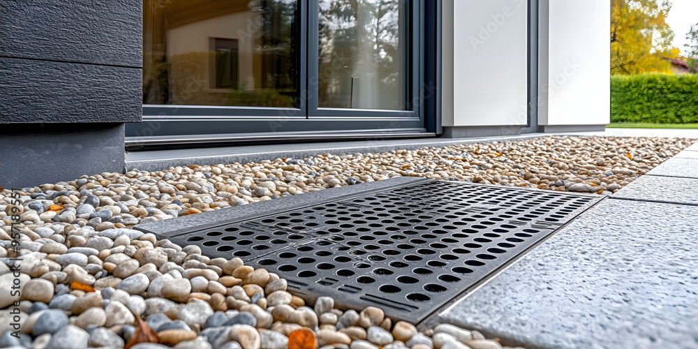 Coarse grey drainage stone gravel floor surrounds a house exterior with ...
