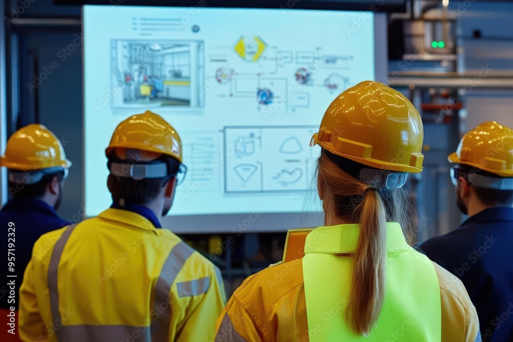 A team of industrial workers attending a safety training session, with ...