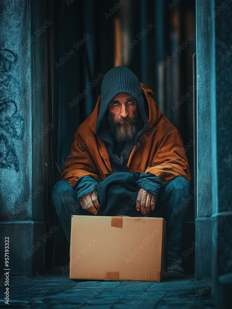 A homeless man sits with a cardboard box in a cold urban alley, his ...