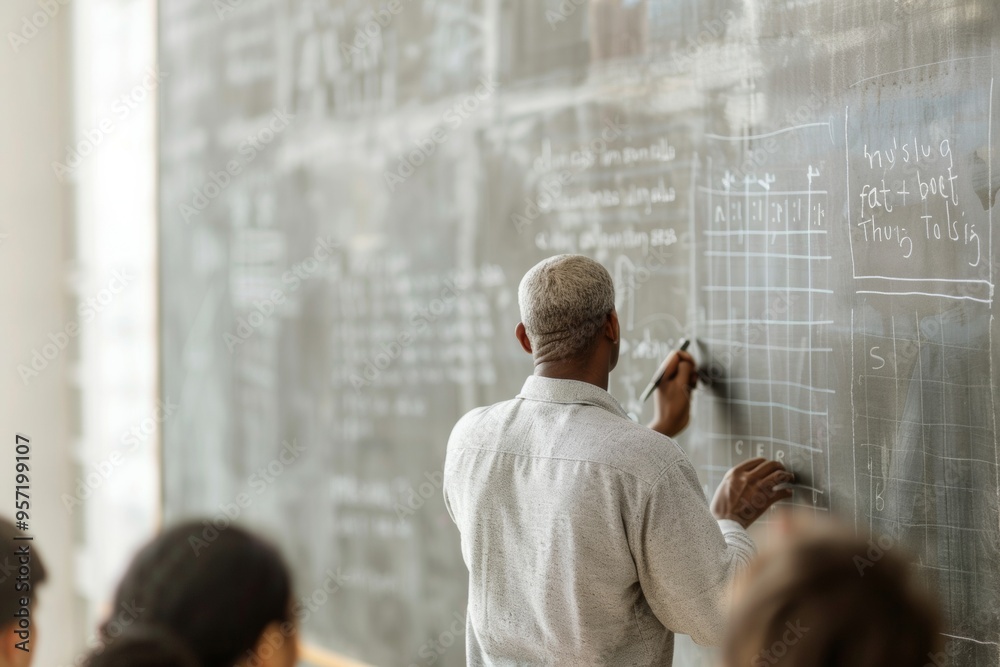 Experienced Male Math Teacher with Dark Skin Writing Equations on ...