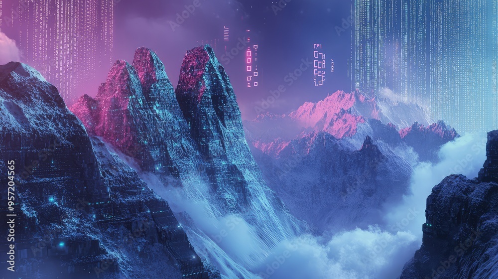 Mountains with pixelated textures rising from a computer screen, under ...