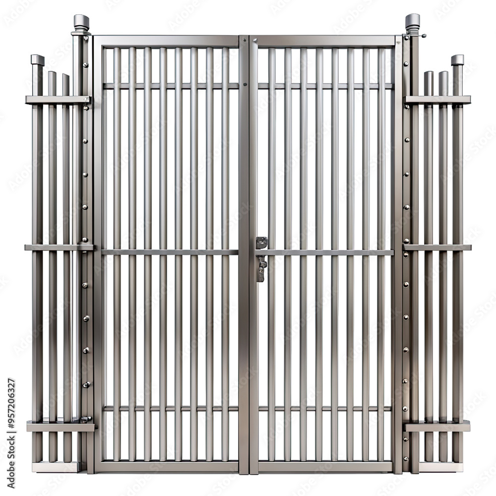 Detailed steel jail gate model with vertical bars, lock, and decorative ...