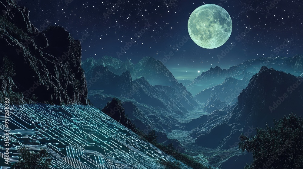 A high-tech mountain vista with circuit board textures, under a moonlit ...
