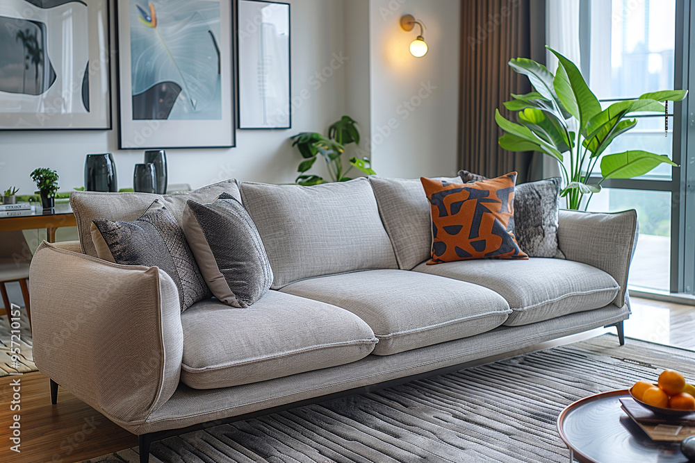 A contemporary living room with a chic and inviting sofa set against a ...