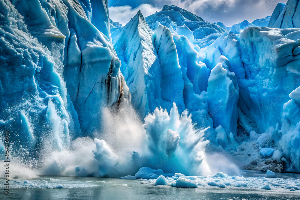 A large ice wall is crashing down into the water. The scene is dramatic ...