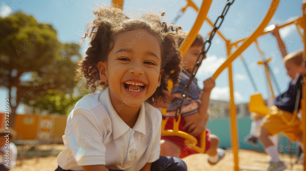 Multi-ethnic kids wearing school uniforms, playing together on a ...