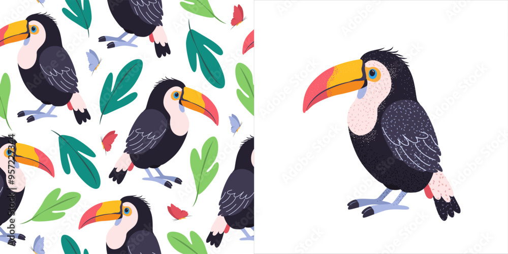 Seamless trendy pattern with toucan bird and tropical leaves. Pattern ...