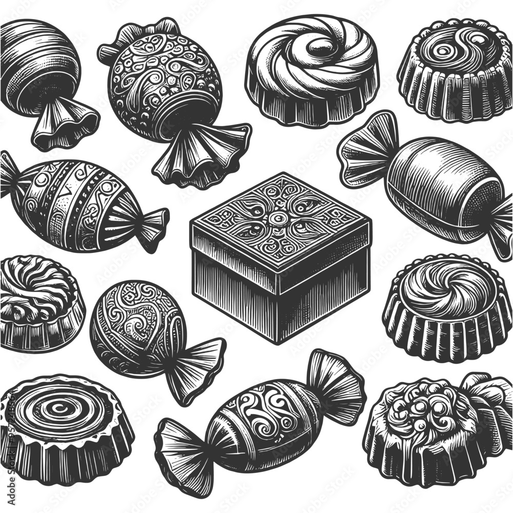 Set of assorted chocolate candies and chocolates, classic confectionery ...