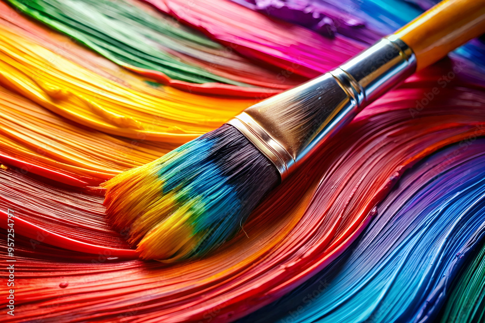 A paintbrush is on a colorful canvas with a rainbow of colors. The ...