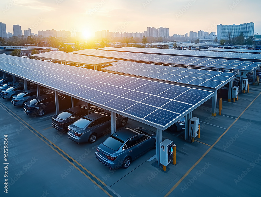 A modern parking structure features solar panels overhead while ...