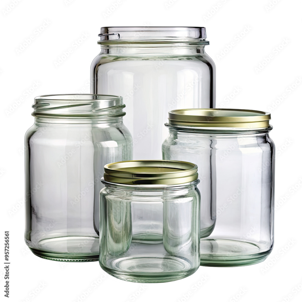 Four empty glass jars with metal lids are isolated on a white ...