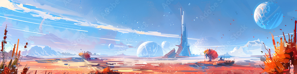 An alien planet surface with strange rock formations floating islands ...