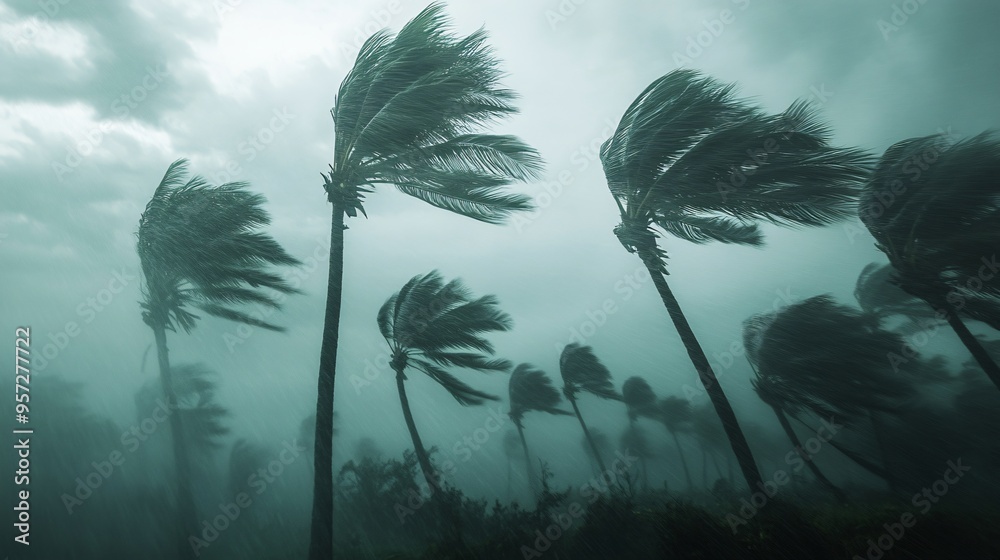 Gale-force winds bending palm trees during a tropical storm, extreme ...