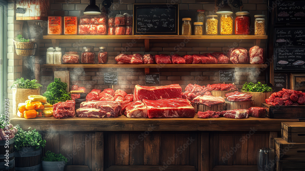 Rustic Butcher Shop Display with Fresh Cuts of Meat and Produce in ...