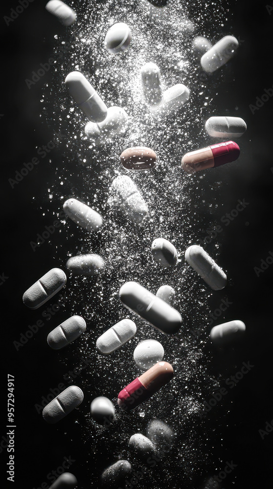 Dramatic Black and White Avalanche of Medications Falling Against Black ...