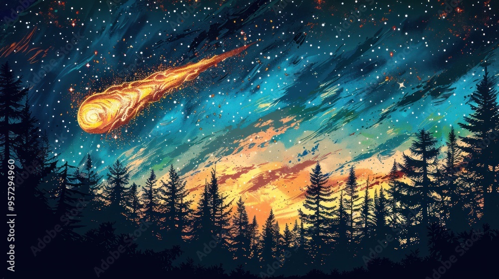 A drawing of a comet flying across the sky, with colorful auroras and ...