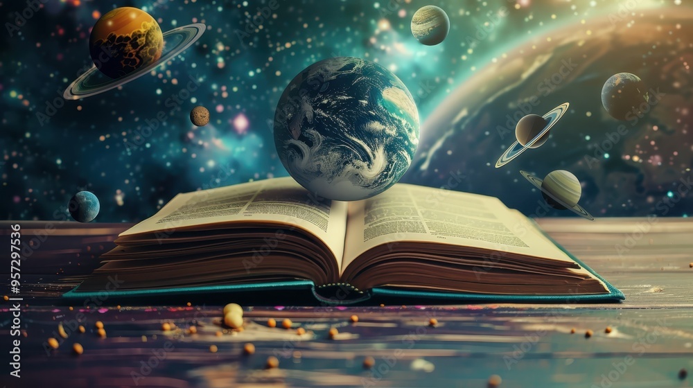 Open book with planets and stars emerging, representing the universe ...