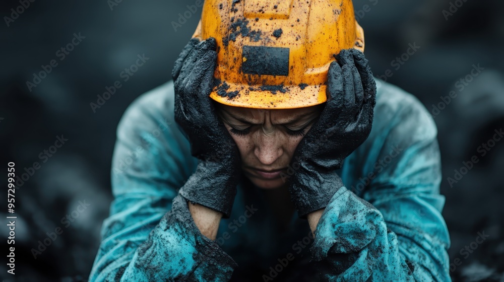 A worker covered in mud and wearing a yellow helmet and industrial ...