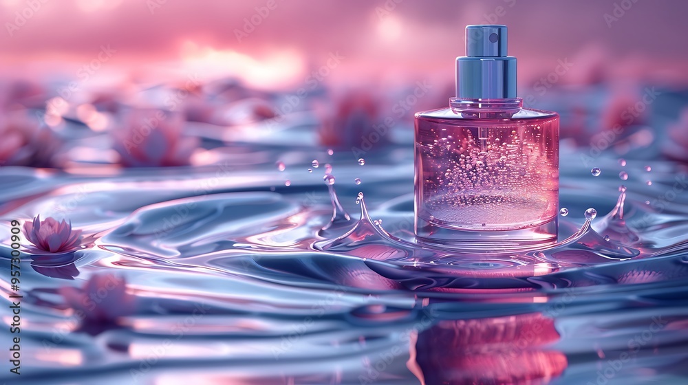 A glass bottle of perfume with a spray nozzle sits on a surface of pink ...