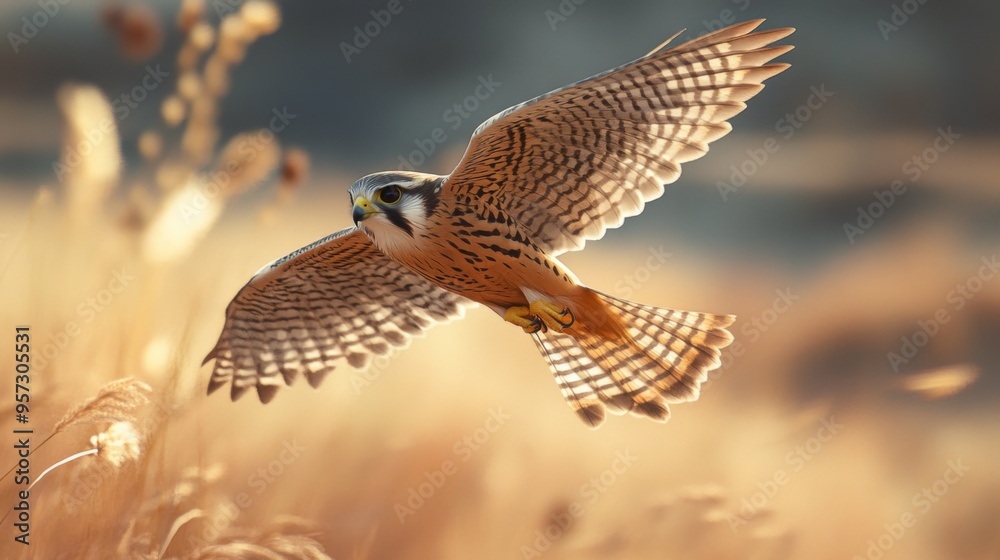 A detailed image of a kestrel hovering in mid-air, with its sharp eyes ...