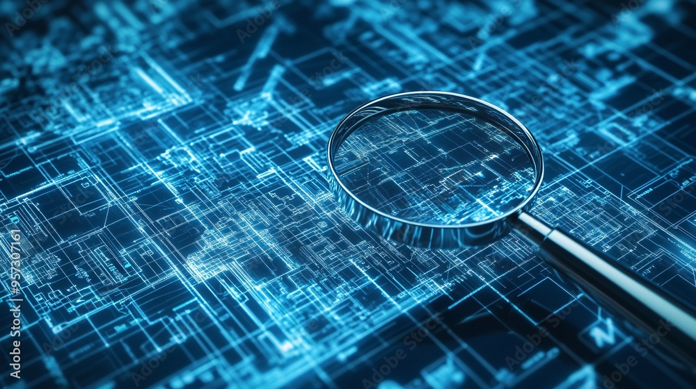 A 3D magnifying glass hovering over a digital blueprint, symbolizing ...