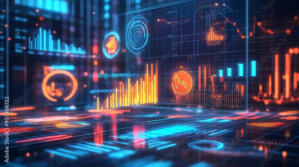 A digital interface with AI-powered predictive analytics visualized as glowing graphs and charts ...