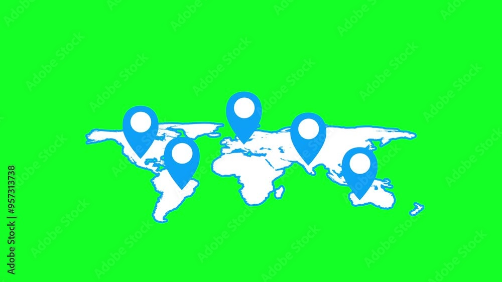 World map with markers animation. Black screen and black background ...