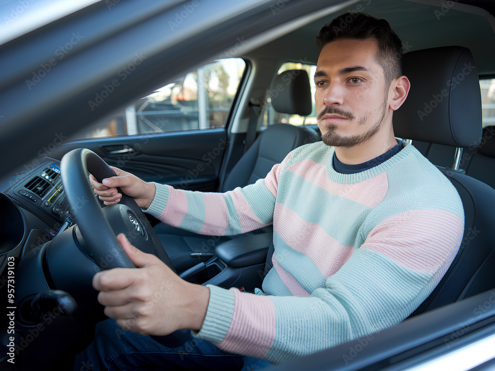 Driver sitting inside of the car, on the front seat, waiting for ...