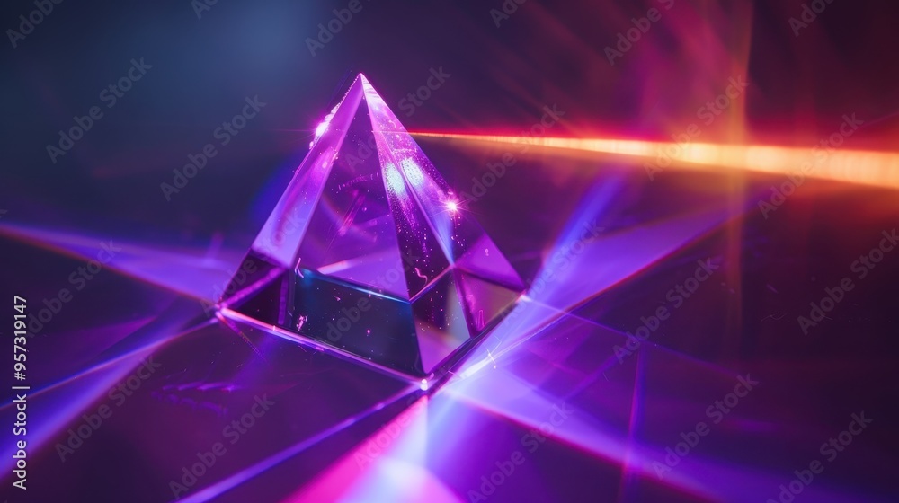 Glass pyramid prism with a light source casting a spectrum of colors ...