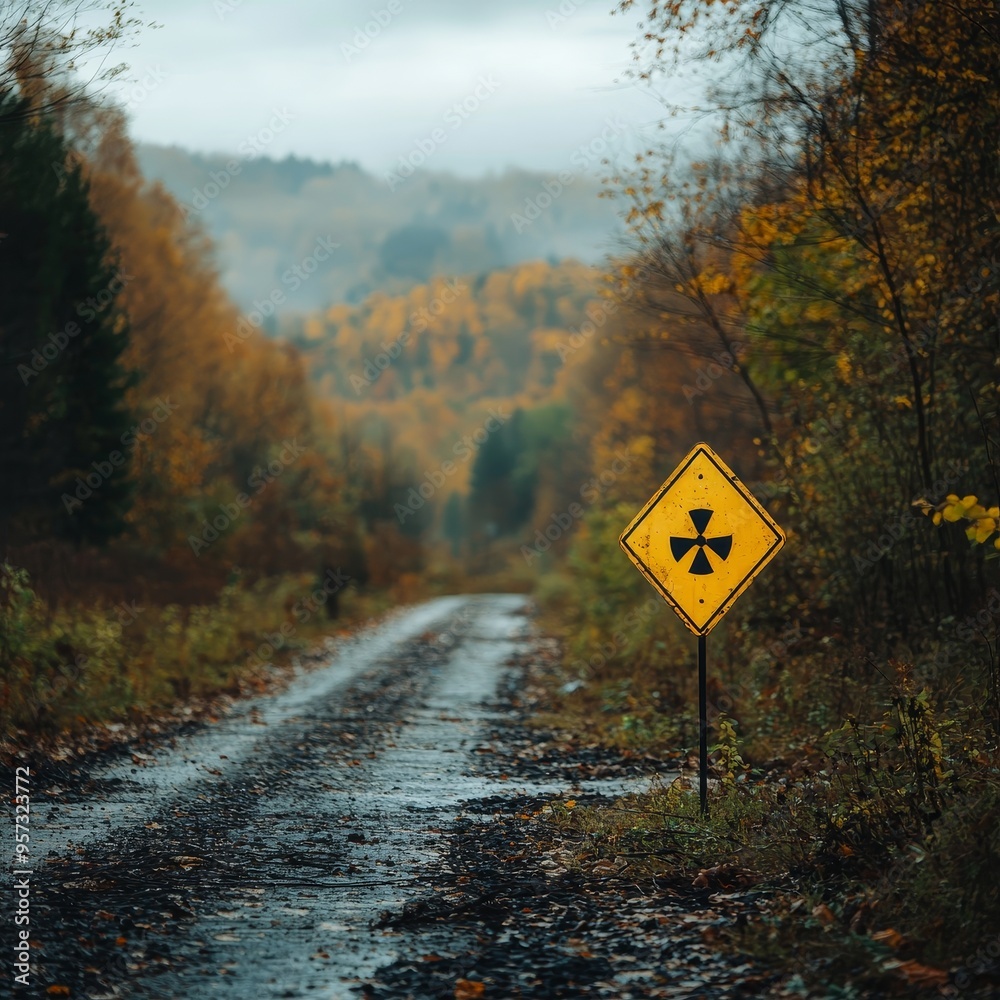 Lonely radiation sign by an empty road, with a background of dense ...