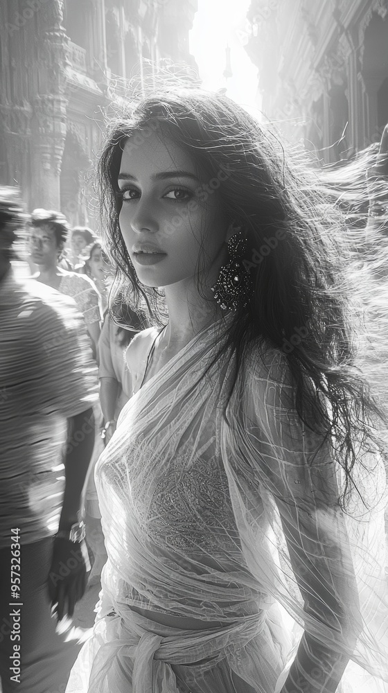 A delicate woman in elaborate traditional attire, standing out as a ...