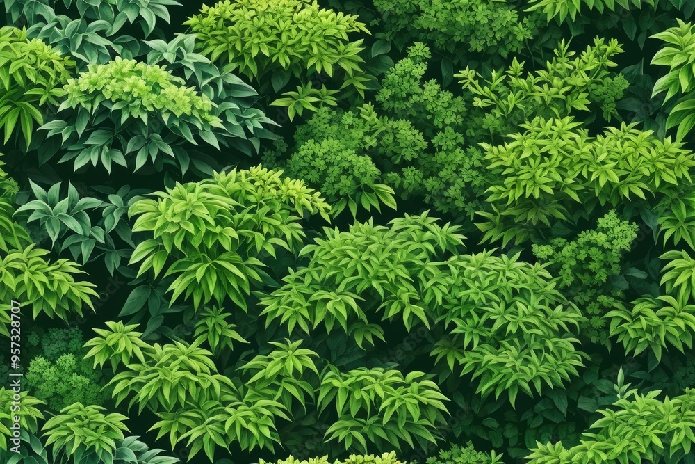 Lush garden bushes in various shades of green, bursting with leaves and ...