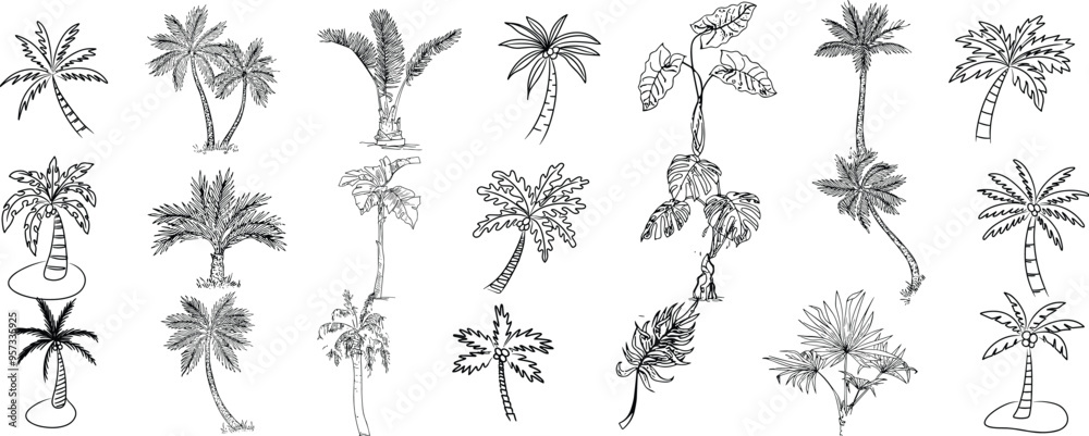 Minimal style cad tree line, Side view, set of graphics trees elements ...