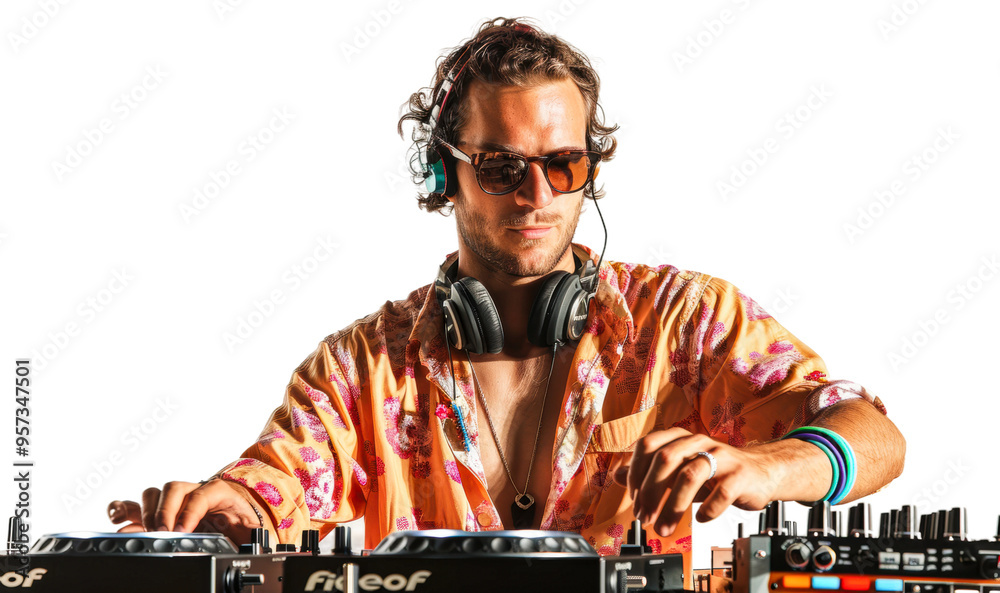 DJ performing live set in bright attire with mixing equipment isolated ...