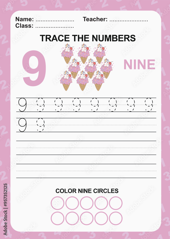 Trace and write number for children. Exercise for children to recognize ...