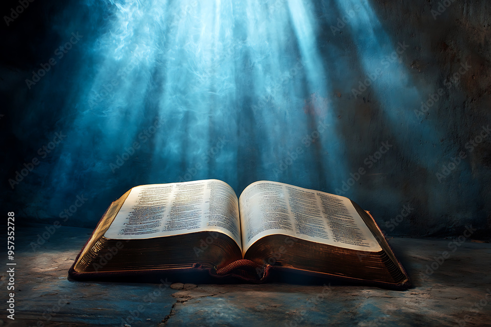 An open book lies on a surface as a stream of light falls from above ...