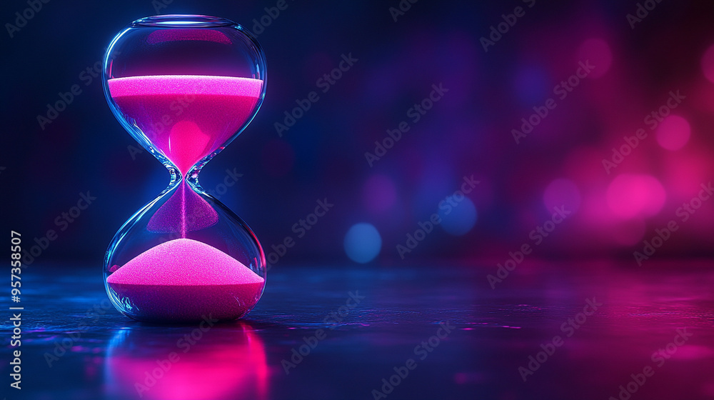 futuristic hourglass with glowing sand, set against a dark background ...
