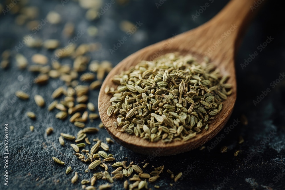 A wooden spoon filled with fennel seeds. This photo shows the texture ...