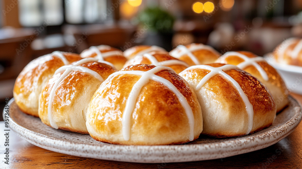 golden hot cross buns sits on a white table, symbolizing tradition and ...