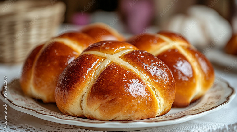 golden hot cross buns sits on a white table, symbolizing tradition and ...