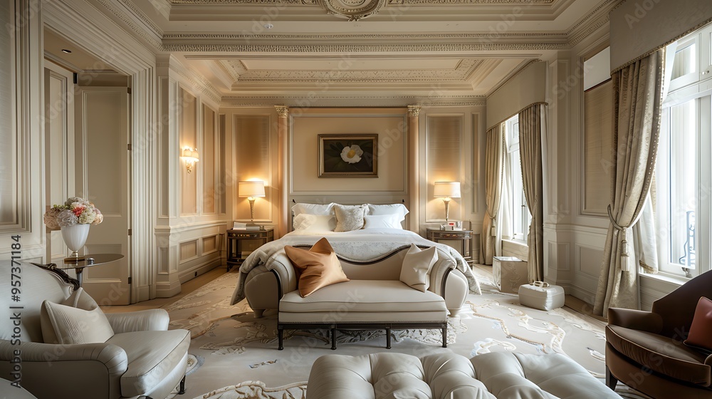 Crown molding in a serene master bedroom with calming colors and ...