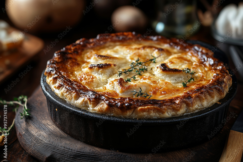 British duck pie displayed on a rustic wooden board, garnished and ...