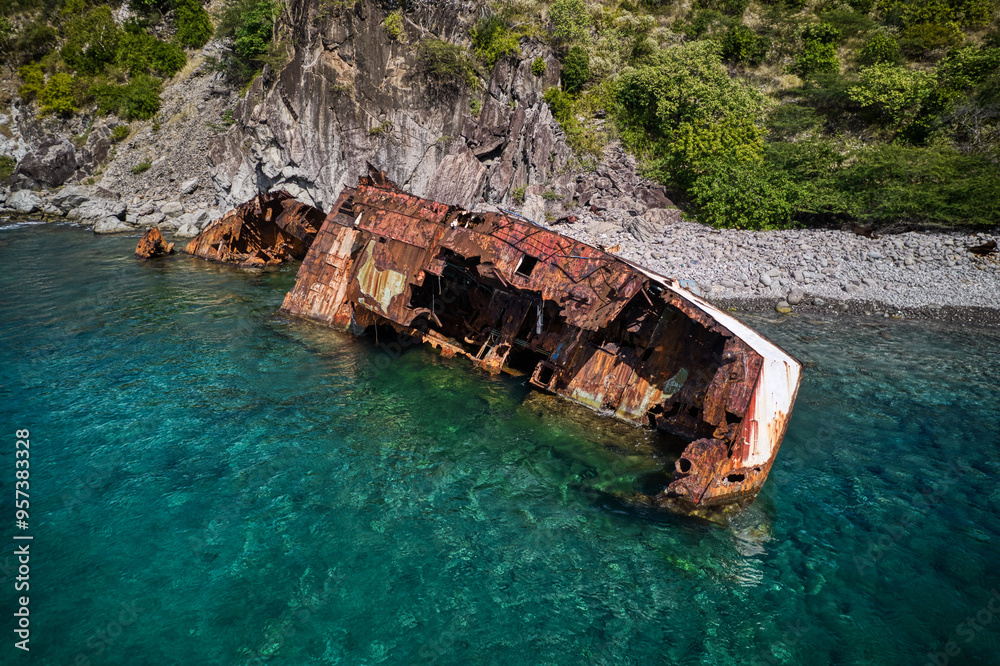 Aerial Drone photos of a sunken shipwreck off the coaast of St. Kitts ...